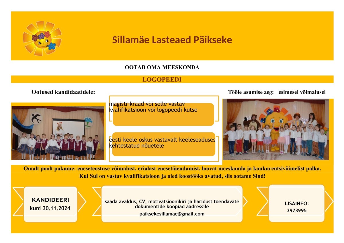 Konkurss logopeedi ametikohale!!! – Sillamäe Lasteaed Päikseke